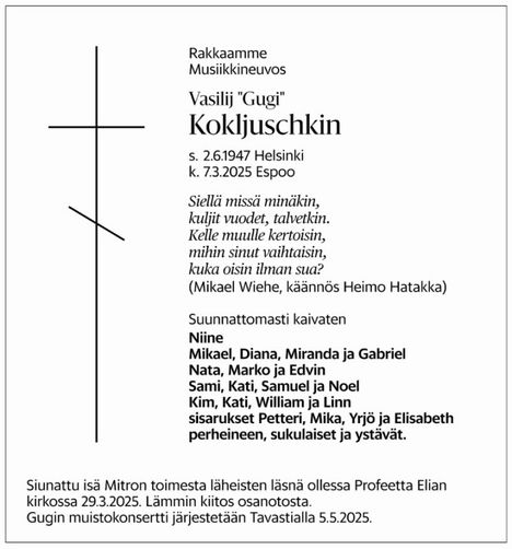 Gugi Kokljuschkinin kuolinilmoitus julkaistiin HS:ssa - Ilta-Sanomat