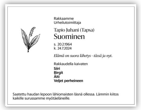 Tapio Suomisen kuolinilmoitus Helsingin Sanomissa - Ilta-Sanomat