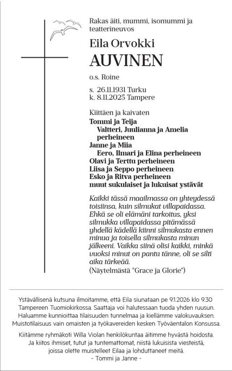 Eila Roineen kuolinilmoitus julkaistiin sunnuntain Aamulehdessä