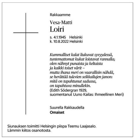 Vesa-Matti Loirin kuolinilmoitus julkaistiin Helsingin Sanomissa - Ilta ...
